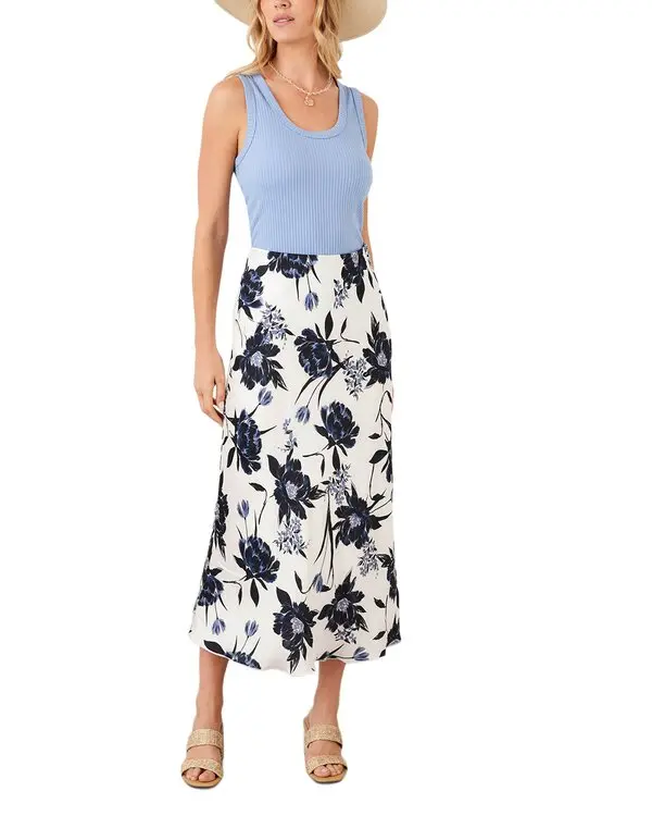 Karen Kane Floral Satin Bias Cut Midi Skirt