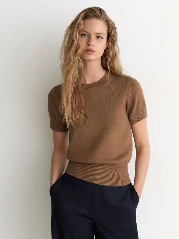 REISS Rita Cotton And Wool Short-sleeve Knit Top - Camel