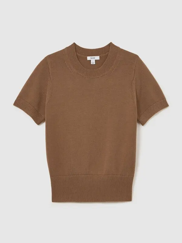 REISS Rita Cotton And Wool Short-sleeve Knit Top - Camel