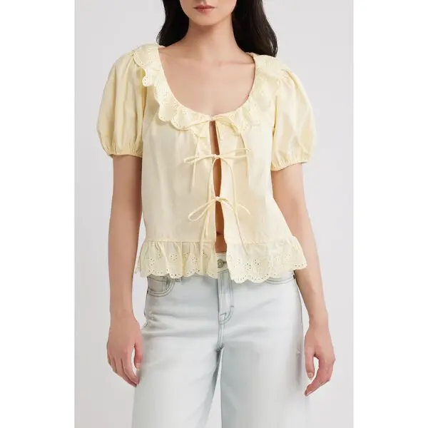 PETAL & PUP Aspen Tie Front Cotton Eyelet Embroidered Top - Mango