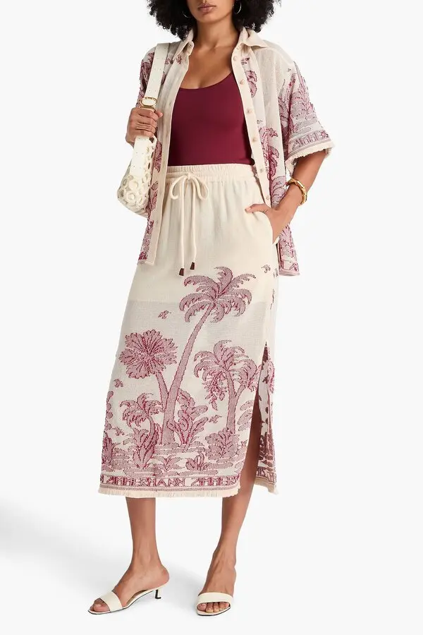 Zimmermann Fil Coupé Cotton Midi Skirt With Tropical Print