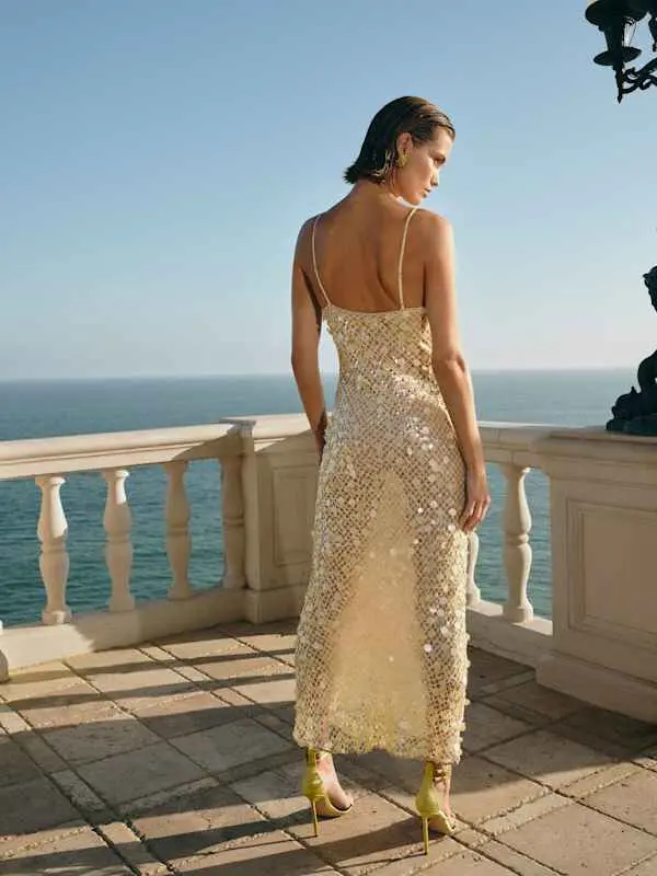 REFORMATION Aqualune Embellished Maxi Dress