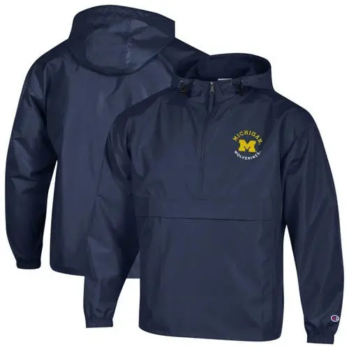 Champion Michigan Wolverines Packable Hooded Windbreaker Half-zip Jacket - Navy