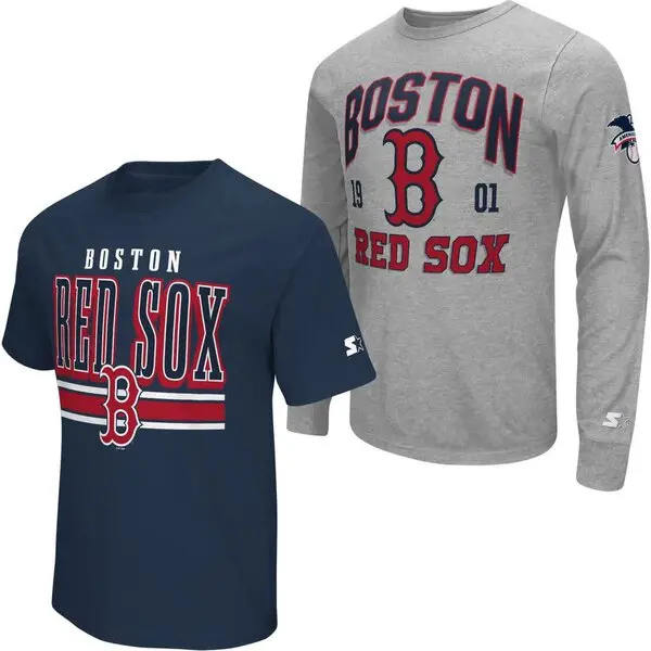 STARTER Heather Gray/ Boston Red Sox Two-pack Long Sleeve & Short Sleeve T-shirt Set - Navy