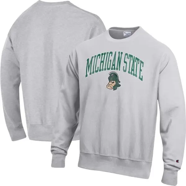 Champion Michigan State Spartans Distressed Arch Over Logo Reverse Weave Crew Neck Sweatshirt - Gray