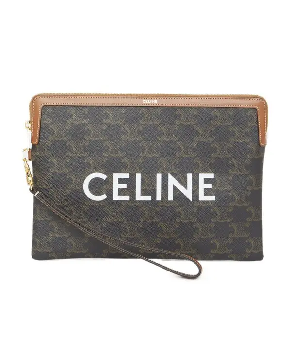 Celine Small Pouch With Strap In Triomphe Canvas With Print - Tan