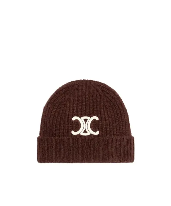 Celine Triomphe Beanie In Seamless Cashmere - Brown