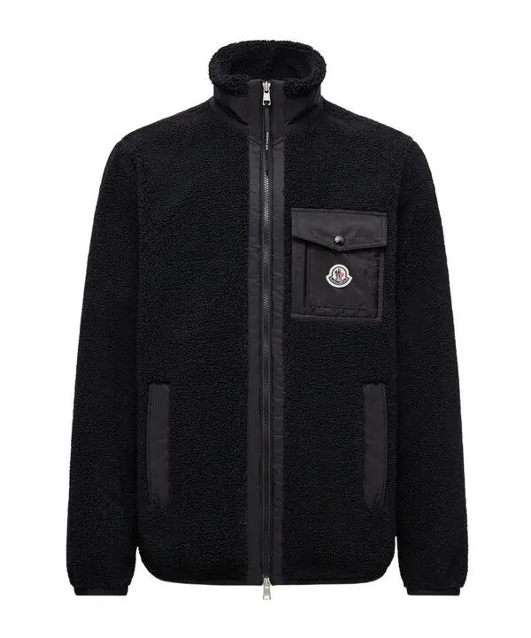 Moncler Teddy Zip-up Fleece Jacket With Nylon Trim - Black