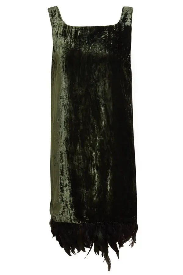SARVIN Green / Black Silk Velvet Feather Trim Dress - Green/black