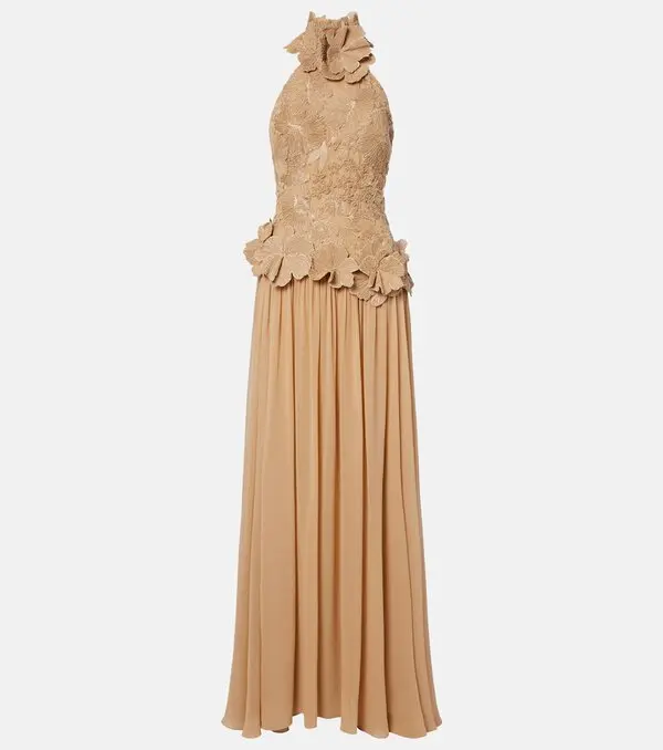 Elie Saab Raffia-trimmed Silk-blend Tulle Gown