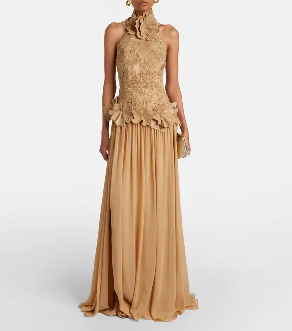 Elie Saab Raffia-trimmed Silk-blend Tulle Gown