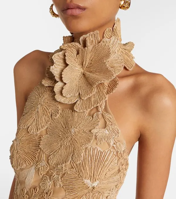 Elie Saab Raffia-trimmed Silk-blend Tulle Gown