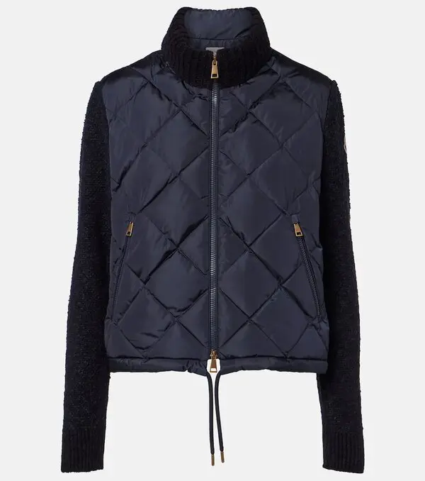 Moncler Down-paneled Cotton-blend Cardigan With Ribbed Cuffs And Zipped Front - Blue