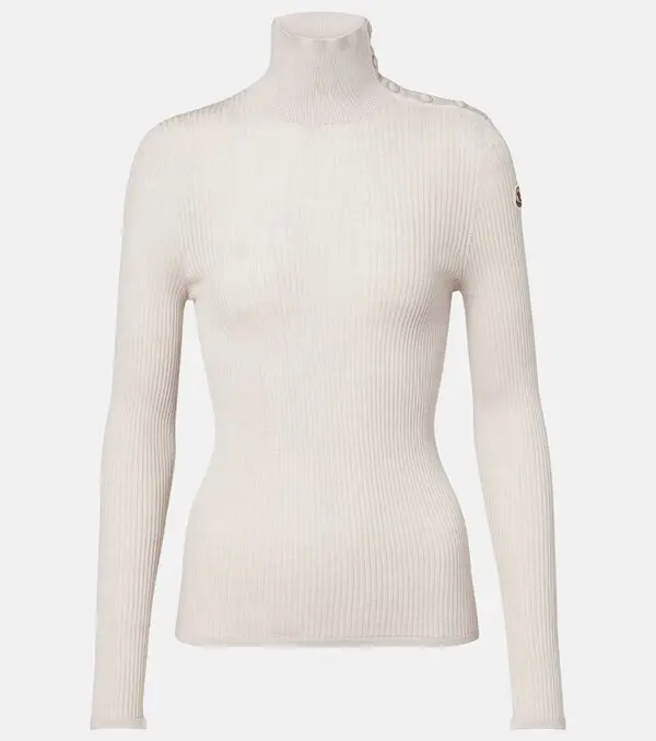 Moncler Virgin Wool Turtleneck Sweater With Buttoned Shoulder - Beige