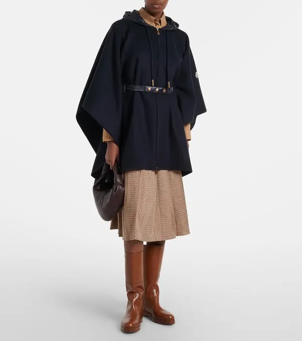 Moncler Belted Wool-blend Cape With Drawstring Hood