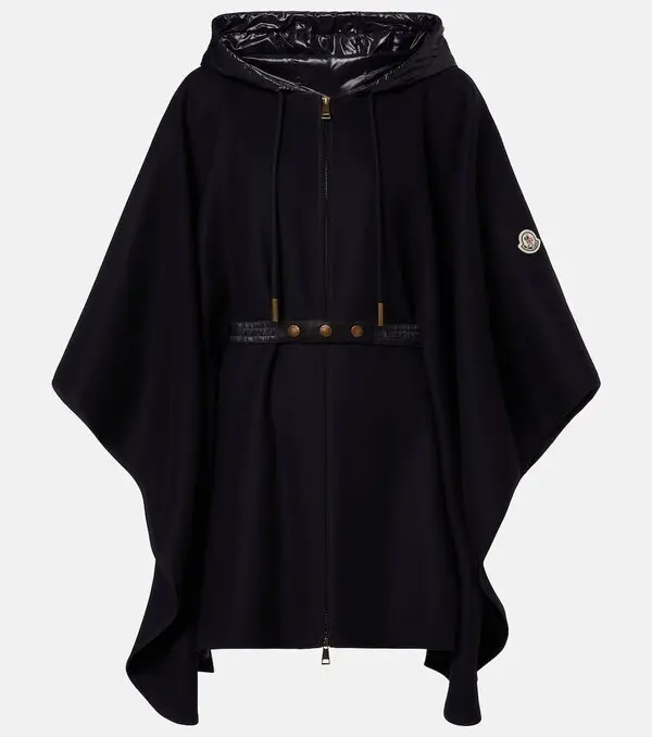 Moncler Belted Wool-blend Cape With Drawstring Hood - Blue