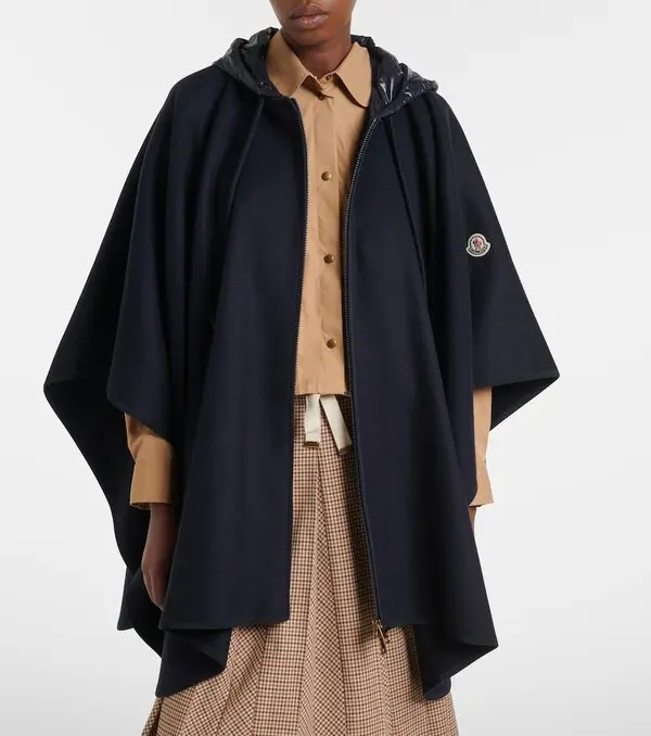 Moncler Belted Wool-blend Cape With Drawstring Hood - Blue