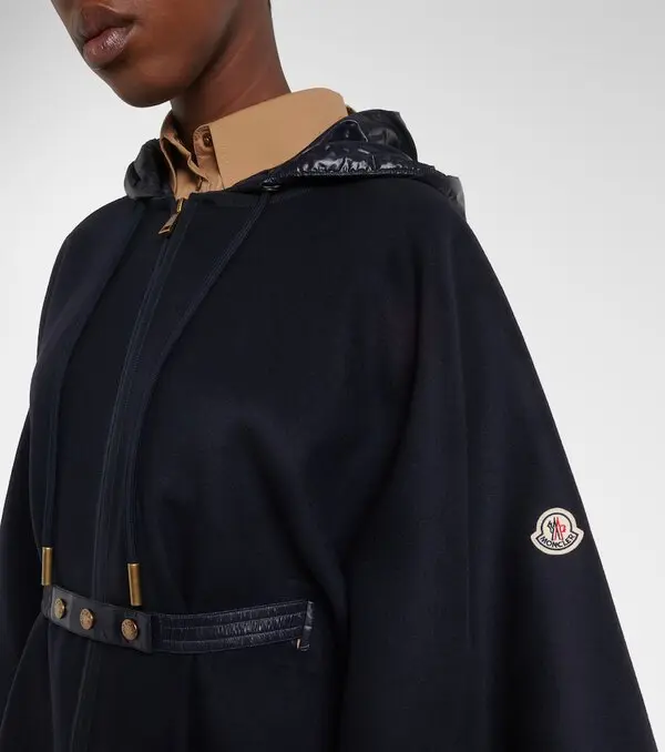 Moncler Belted Wool-blend Cape With Drawstring Hood - Blue