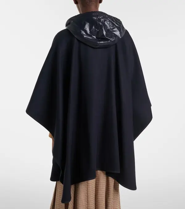 Moncler Belted Wool-blend Cape With Drawstring Hood - Blue