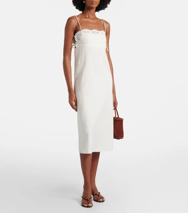 Posse Darya Embroidered Linen And Cotton Midi Dress - White