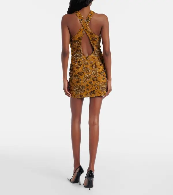 Saint Laurent Floral Brocade Minidress - Gold