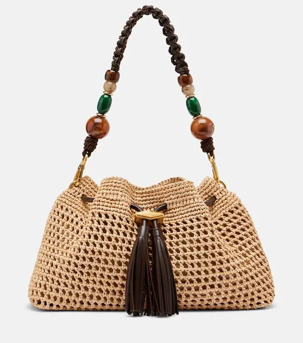 JIMMY CHOO Bon Bon Medium Beaded Raffia Bucket Bag - Brown