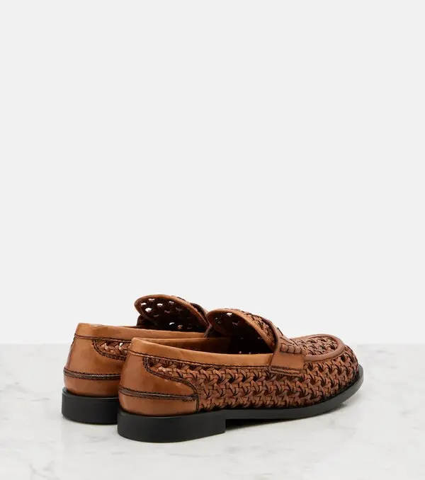 Miu Miu Woven Leather Penny Loafers - Brown