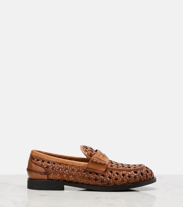 Miu Miu Woven Leather Penny Loafers - Brown