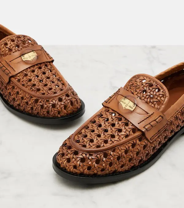 Miu Miu Woven Leather Penny Loafers - Brown