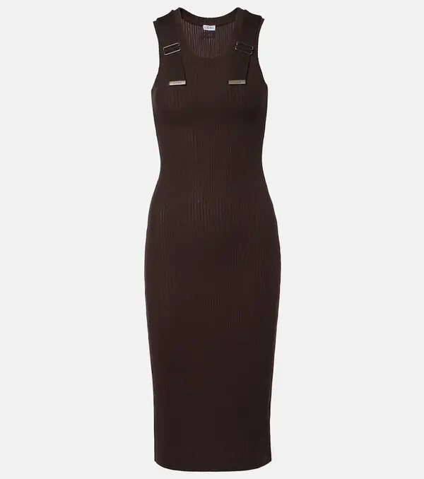 Loewe Ribbed-knit Cotton-blend Midi Dress - Brown