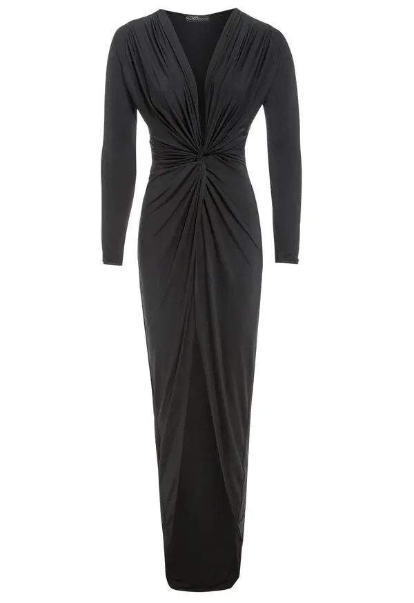 SARVIN Knot Front Plunge Midi Dress - Black