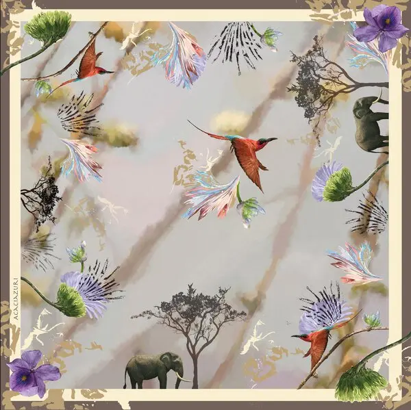 ACACIAZURI Grey / Red The Enchanted Elephant Silk Scarf - Grey/red