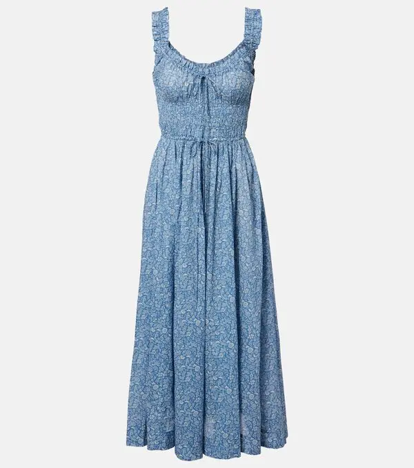 DÔEN Emmaretta Floral Cotton Voile Midi Dress - Blue