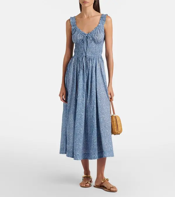 DÔEN Emmaretta Floral Cotton Voile Midi Dress - Blue