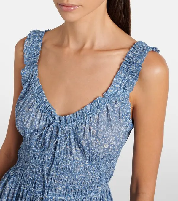 DÔEN Emmaretta Floral Cotton Voile Midi Dress - Blue