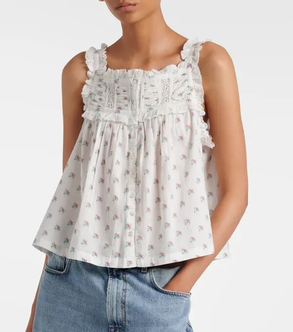 DÔEN Fidella Floral Cotton Top With Lace Trim - Multicoloured