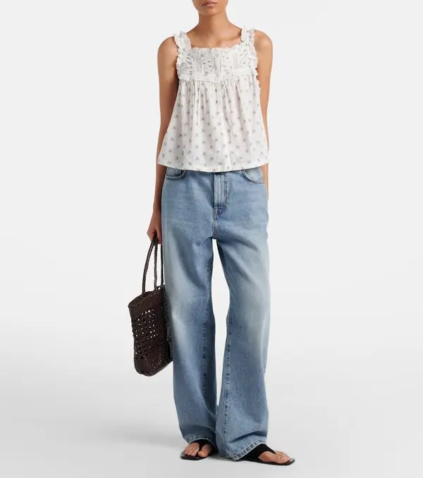 DÔEN Fidella Floral Cotton Top With Lace Trim - Multicoloured