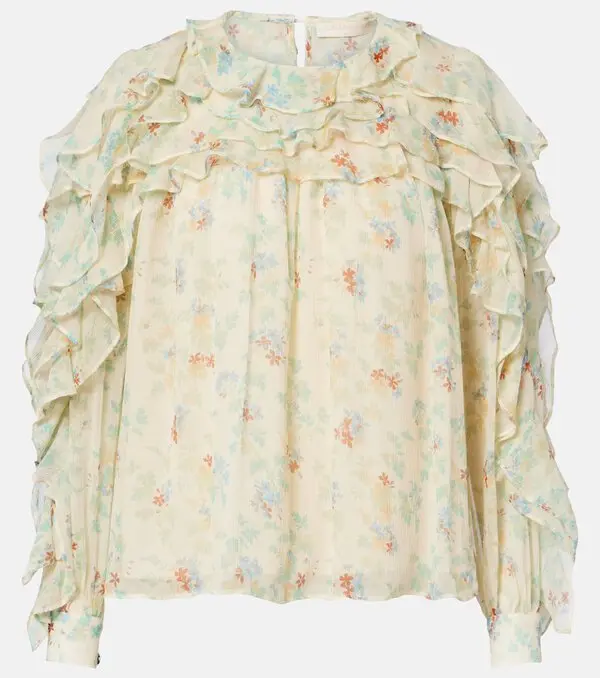 Ulla Johnson Willow Ruffled Floral Silk Blouse