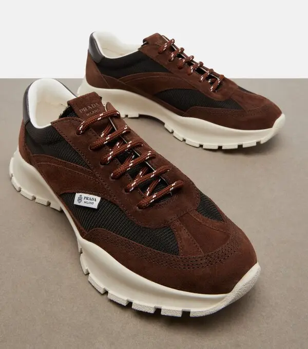 Prada Suede And Fabric Lace-up Sneakers - Brown