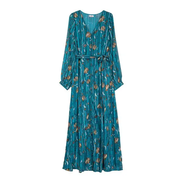 NIZA Long Sleeve Floral Print Maxi Dress - Blue