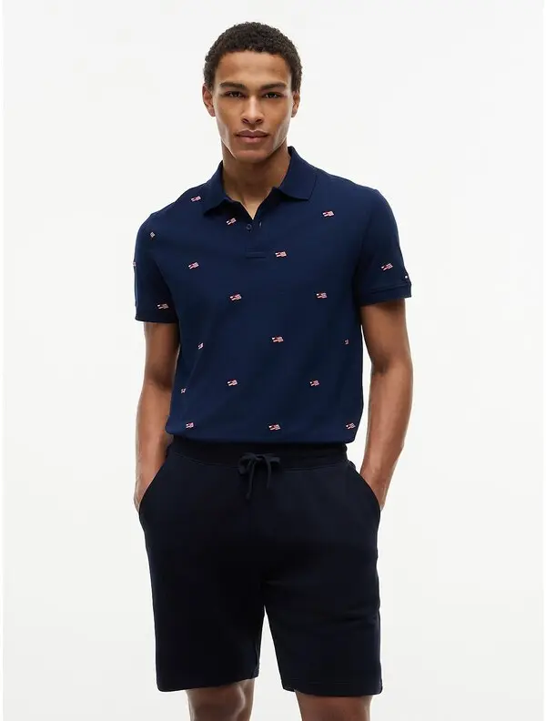 Tommy Hilfiger Regular Fit Allover Flag Logo Pique Polo - Light Navy