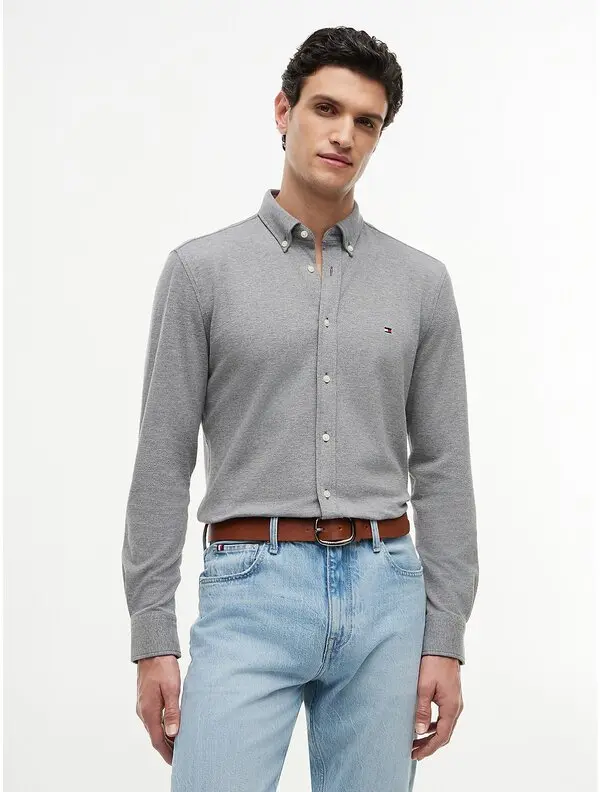Tommy Hilfiger Slim Fit Lightweight Pique Knit Shirt - Medium Grey Heather