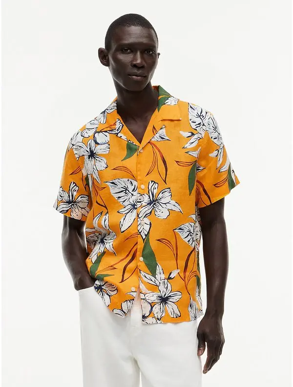 Tommy Hilfiger Regular Fit Floral Linen Camp Shirt - Orange Flash
