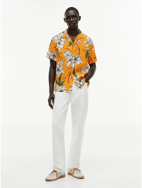 Tommy Hilfiger Regular Fit Floral Linen Camp Shirt - Orange Flash