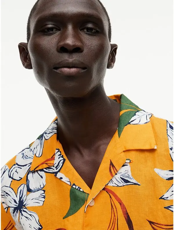 Tommy Hilfiger Regular Fit Floral Linen Camp Shirt - Orange Flash
