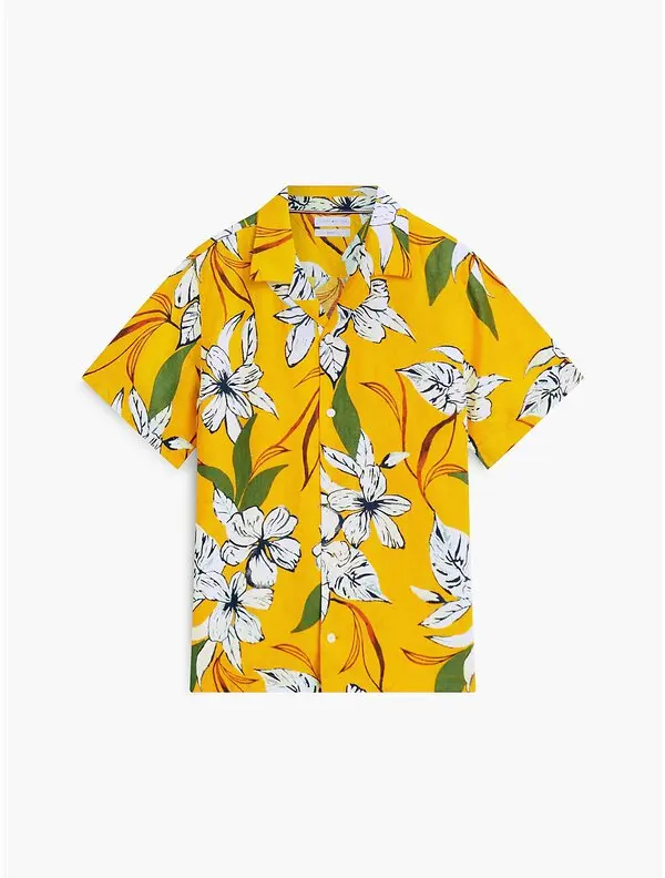 Tommy Hilfiger Regular Fit Floral Linen Camp Shirt - Orange Flash