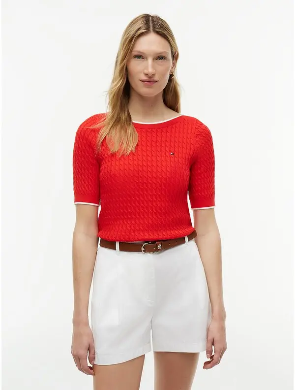 Tommy Hilfiger Regenerative Cotton Cable Knit Boatneck Sweater - Fire Red