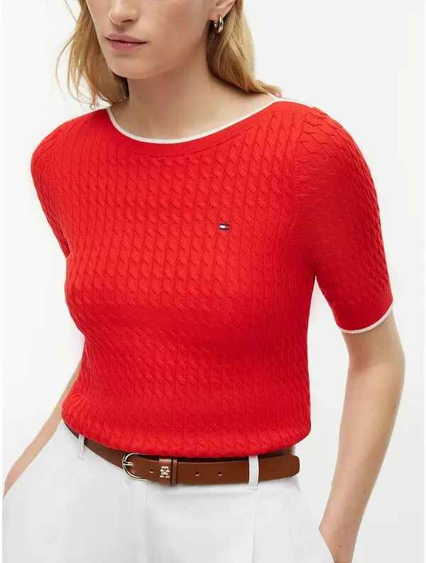 Tommy Hilfiger Regenerative Cotton Cable Knit Boatneck Sweater - Fire Red