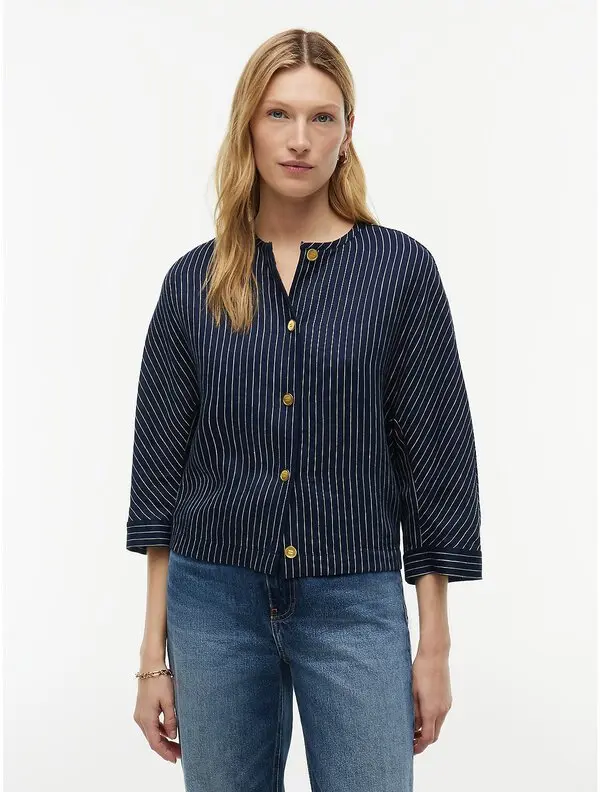 Tommy Hilfiger Striped Linen-blend Blouse With Gold-tone Buttons - Pinstripe Navy