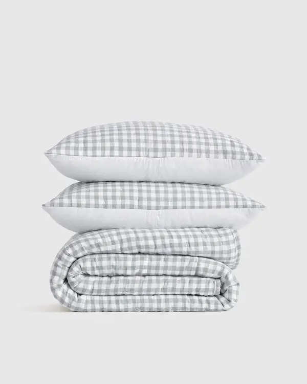 Quince European Linen Patterned Quilt Set - Light Blue Gingham